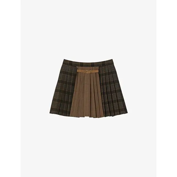 Sandro Checked Pleated Mini Skirt - Ocher / Blue