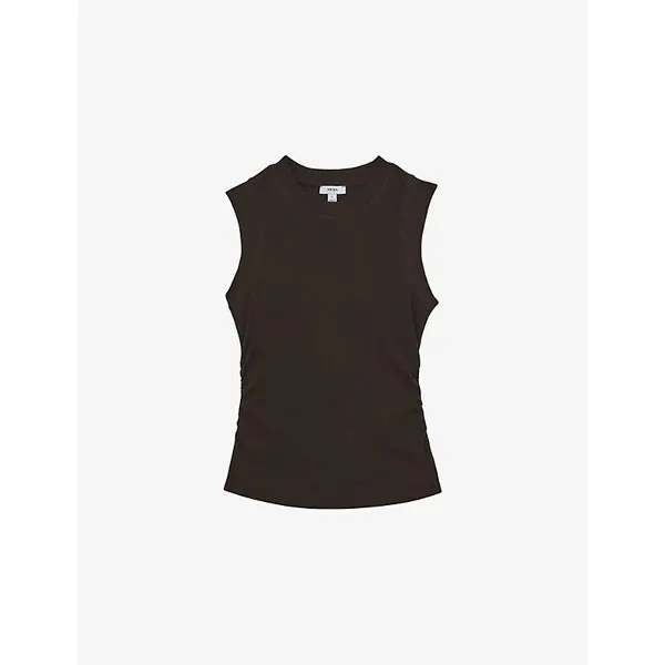 REISS Ruched Stretch-cotton Top - Chocolate