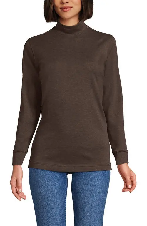 LANDS' END Relaxed Cotton Long Sleeve Mock Turtleneck - Bark Brown Heather