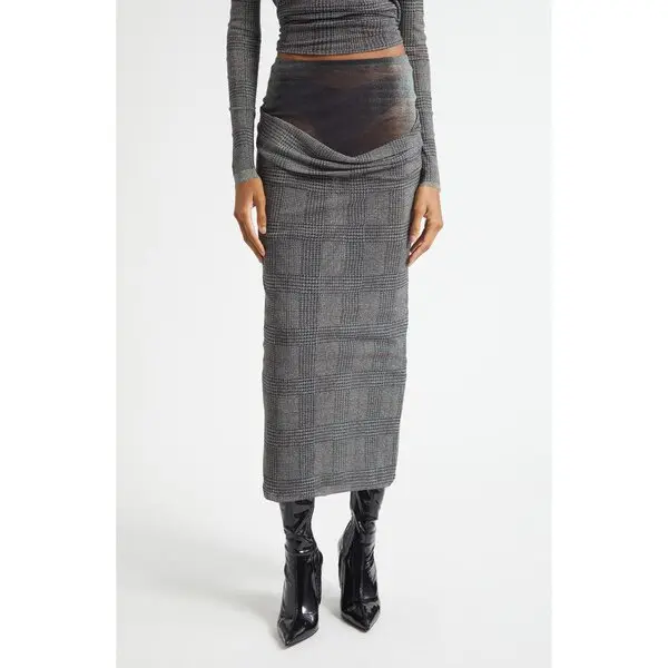 Jean Paul Gaultier Double Layer Prince Of Wales Print Mesh Midi Skirt