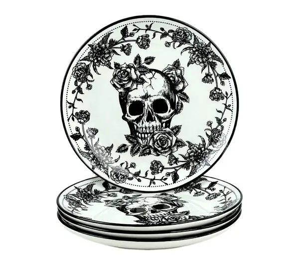 10 STRAWBERRY STREET Set Of 4 Skull Toile 6' A Ppetizer Plate