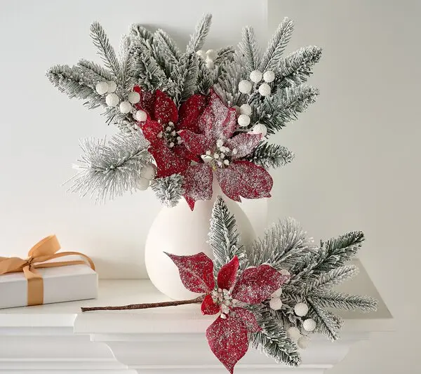 VALERIE PARR HILL As Is Set Of 4 Flocked Poinsettia Picks Valerie