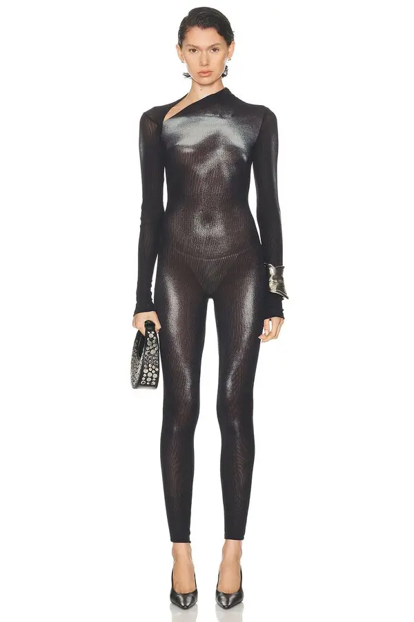 Jean Paul Gaultier Asymmetric Collar Printed Catsuit - Black & Silver