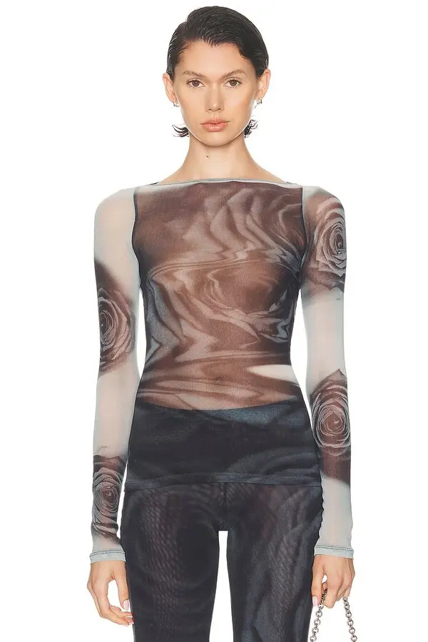 Jean Paul Gaultier Blurry Roses Printed Long Sleeve Top - White  Grey  & Black
