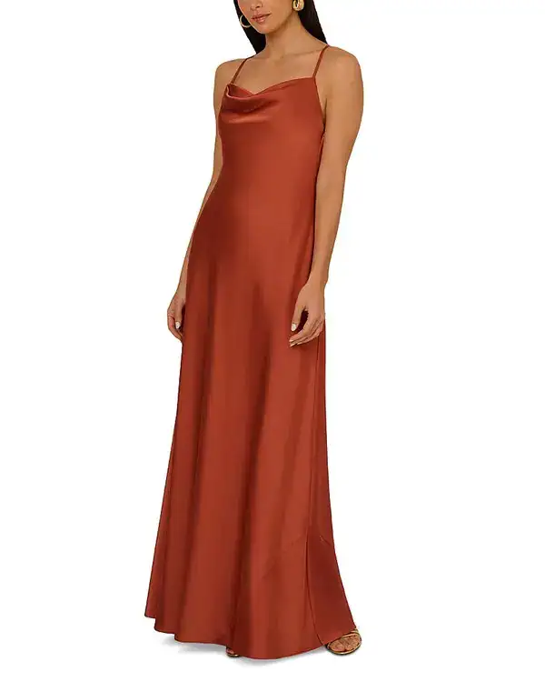 Adrianna Papell Liv Foster Stretch Satin Long Dress In Terracotta - 40% Off  | Editorialist