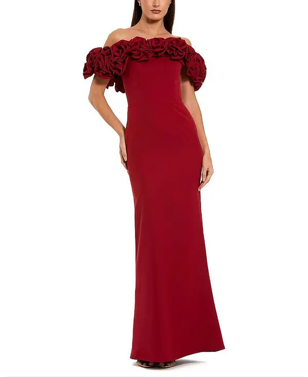Mac Duggal Crepe Off-the-shoulder Gown With 3d Roses