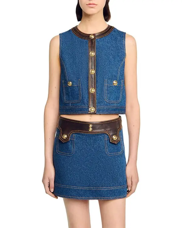 Sandro Leather Trim Denim Vest - Dark Blue