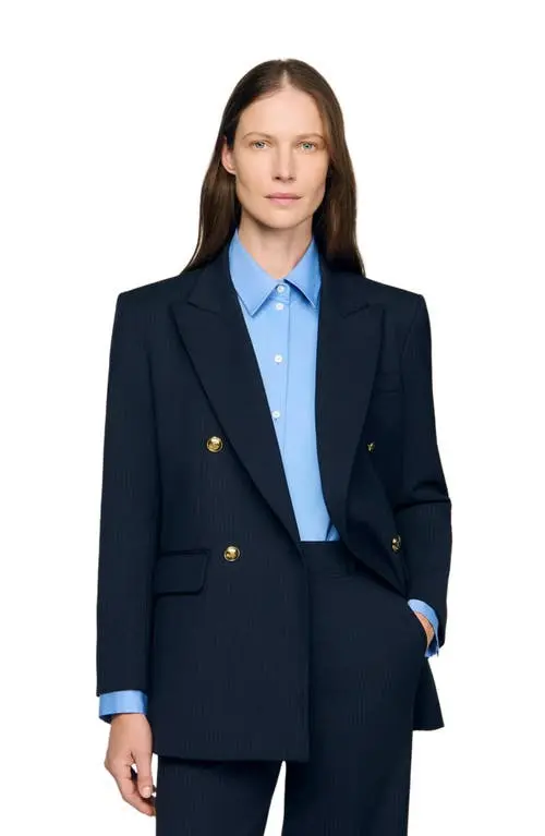 Sandro Pinstripe Double-breasted Jacket - Navy Blue