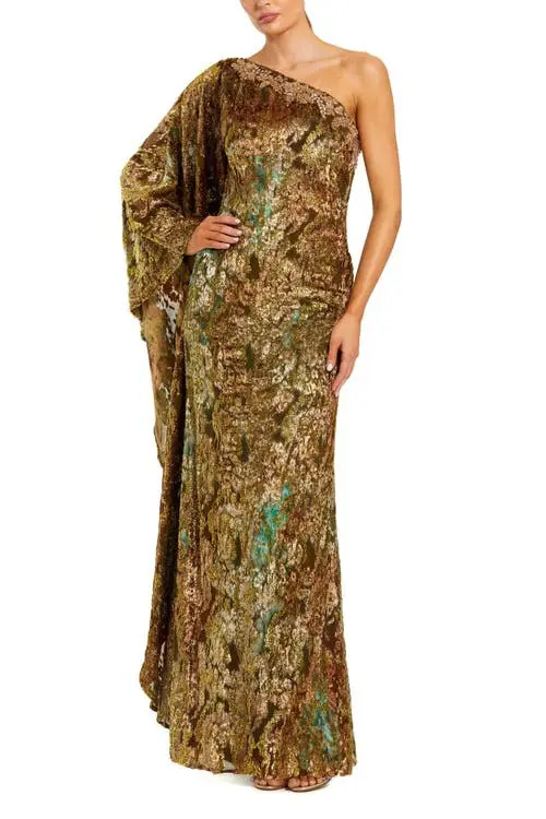 Mac Duggal Burnout Velvet One-shoulder Gown - Gold Multi