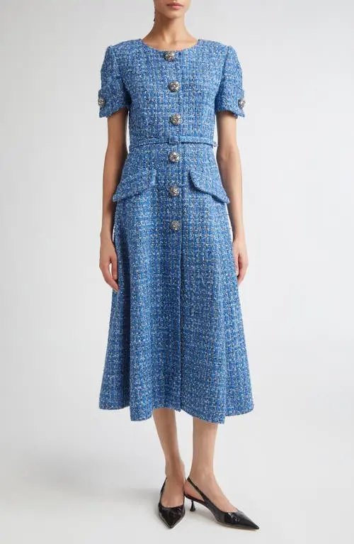 Carolina Herrera Crystal Button Tweed A-line Midi Dress - Blue Multi