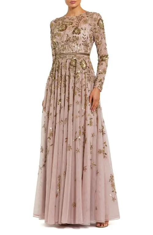 Mac Duggal Long Sleeve Hand Embellished Floral A-line Gown - Mocha Multi