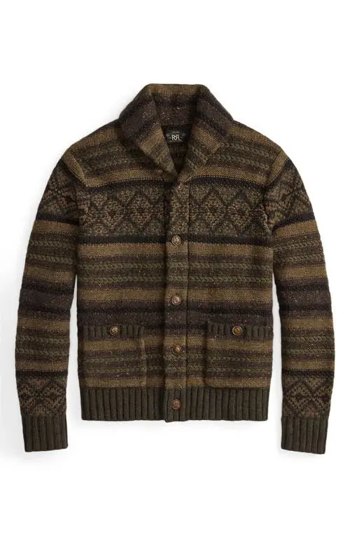 Double Rl Textured Stripe Cowl Neck Wool & Cotton Cardigan