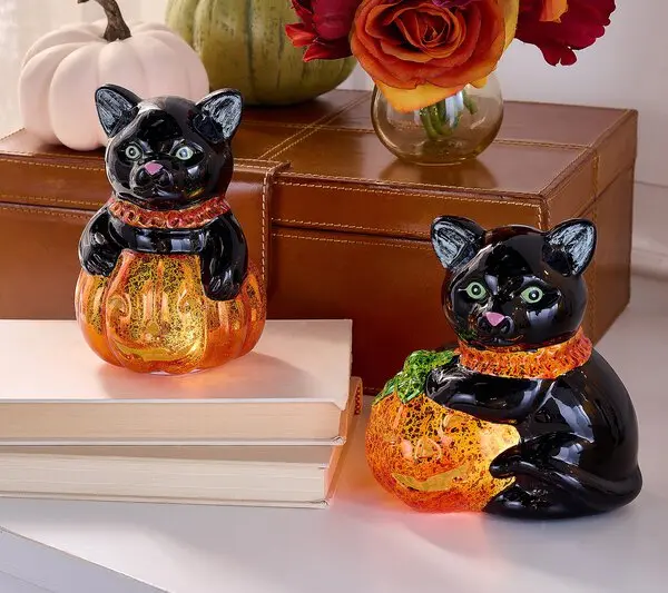 VALERIE PARR HILL Set Of 2 Illuminated Mercury Glass Black Cats