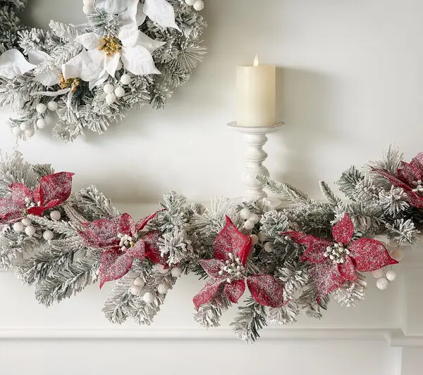 VALERIE PARR HILL As Is 4' Flocked Poinsettia Garland Valerie
