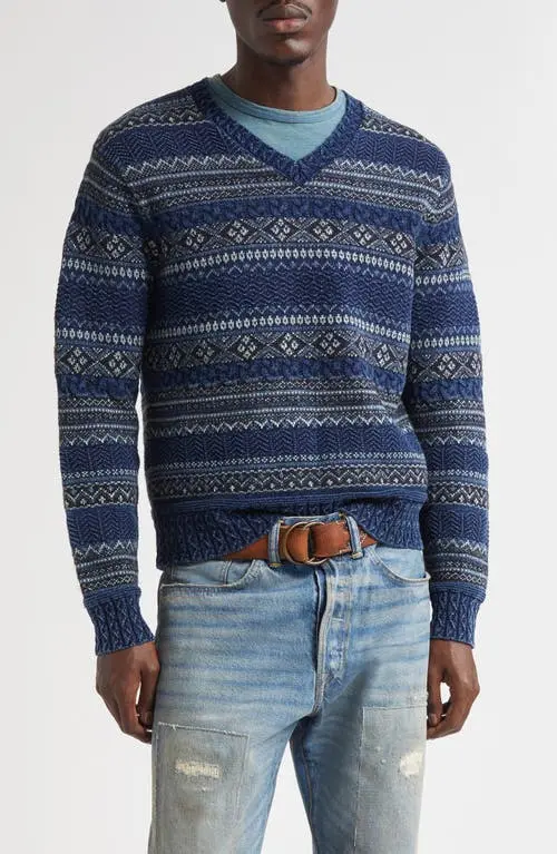 Double Rl Indigo Stripe Cotton & Linen V-neck Sweater