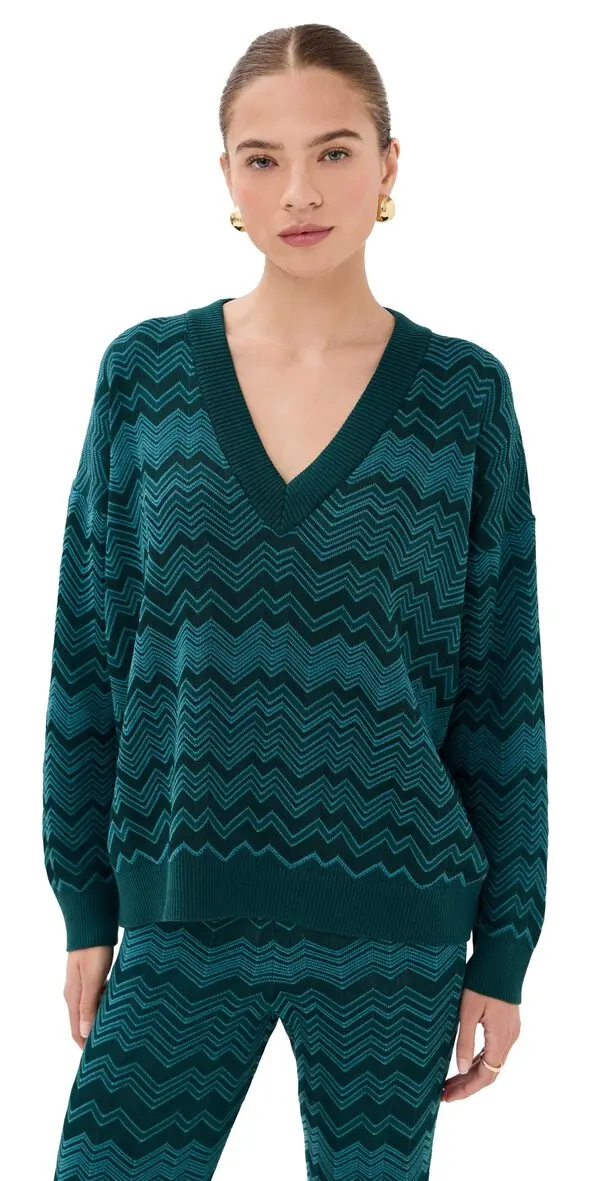 Missoni V-neck Zigzag Pattern Sweater - Solid Green