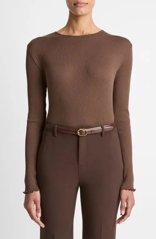 Vince Rib Ruffle Edge Pima Cotton Crewneck Top