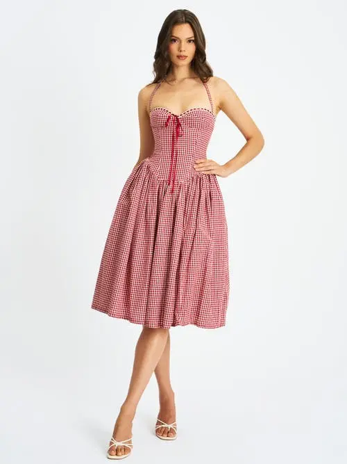 MISS CIRCLE Gingham Halter Midi Dress