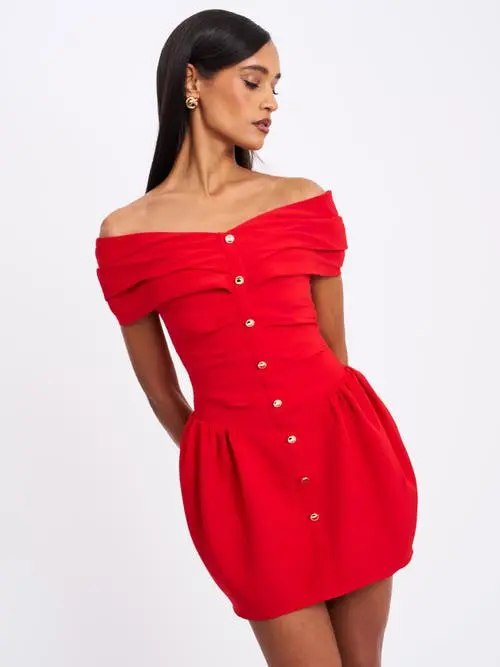 MISS CIRCLE Off-shoulder Mini Dress With Gold Button Detailing