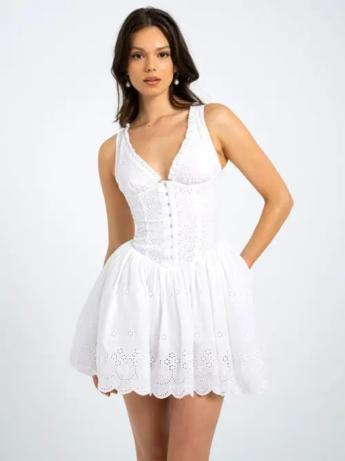 MISS CIRCLE Eyelet Plunging Halter Mini Dress