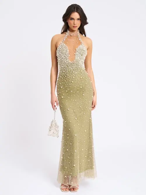 MISS CIRCLE Pearl Embellished Backless Gown