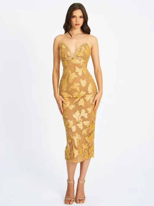 MISS CIRCLE Edie Beaded Sequin Pencil Midi Dress