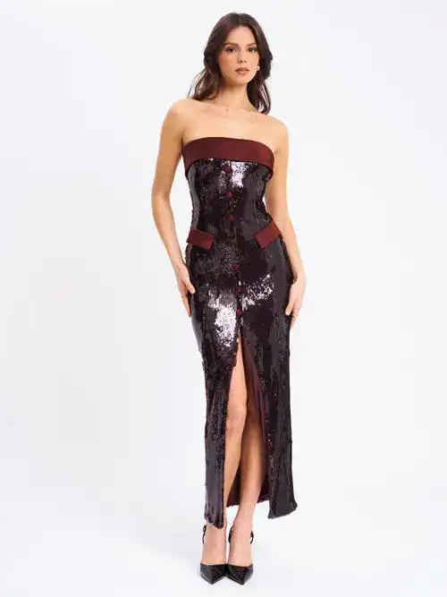 Miss Circle Sequin Strapless Maxi Pencil Dress In Burgundy - 55% Off |  Editorialist