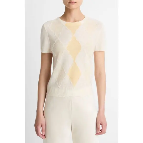 Vince Argyle Wool And Cashmere Short Sleeve Sweater - Crema/palazzo/butter