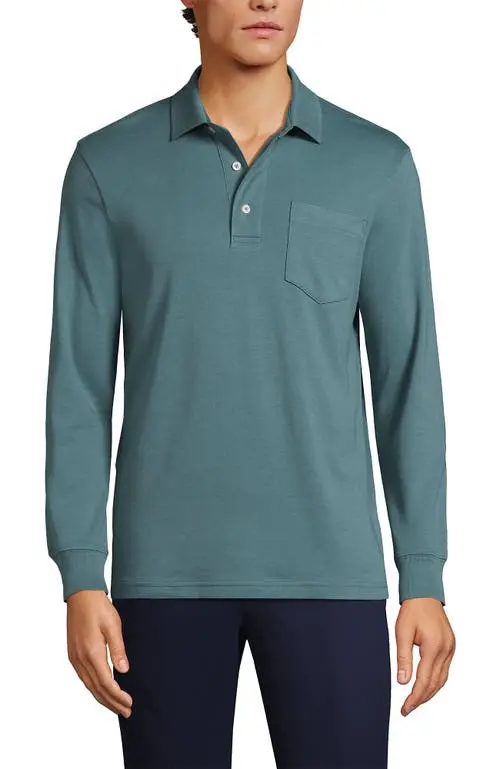 LANDS' END Long Sleeve Cotton Supima Polo Shirt With Pocket - Tourmaline