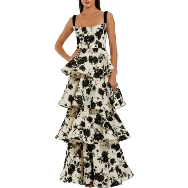 Mac Duggal Floral Boucle Tiered Gown With Velvet Straps