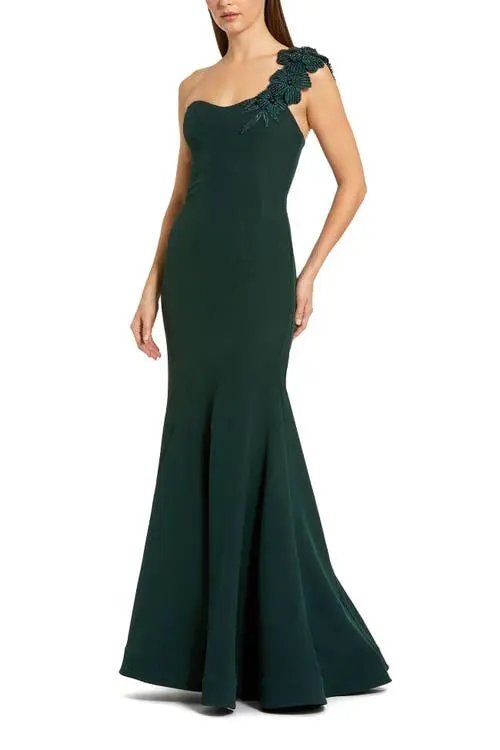Mac Duggal Crepe One-shoulder Beaded Flower Mermaid Gown