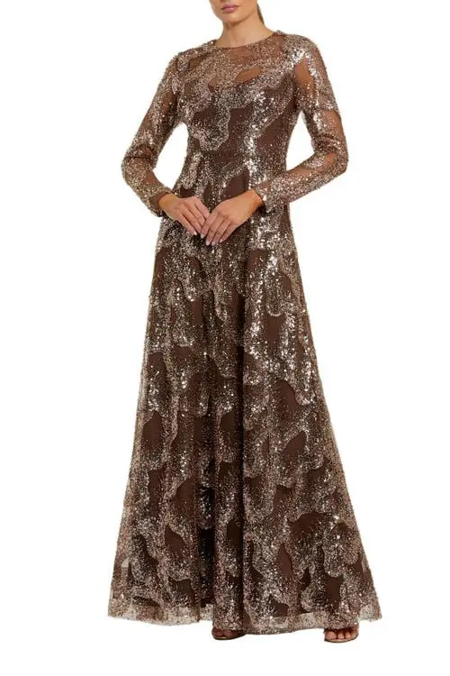Mac Duggal Embellished Mesh Long Sleeve High Neck Gown - Bronze