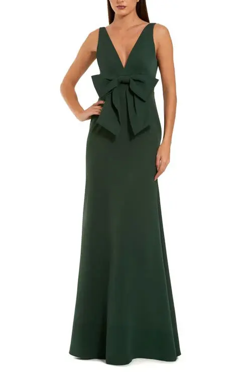 Mac Duggal Crepe Sleeveless V-neck Column Gown With Bow