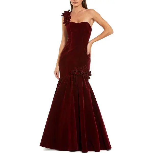 Mac Duggal Velvet Trumpet Gown With Floral Appliqués