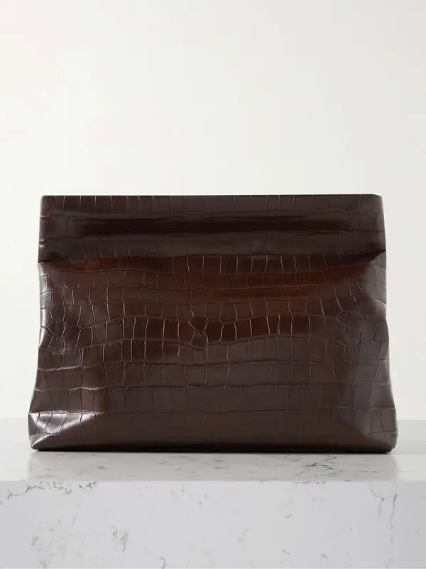 NILI LOTAN Jerry Croc-effect Leather Clutch - Brown