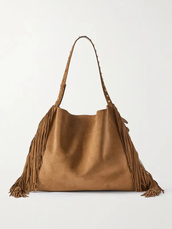 CHRISTIAN LOUBOUTIN Baggy Fringed Studded Suede Shoulder Bag - Brown