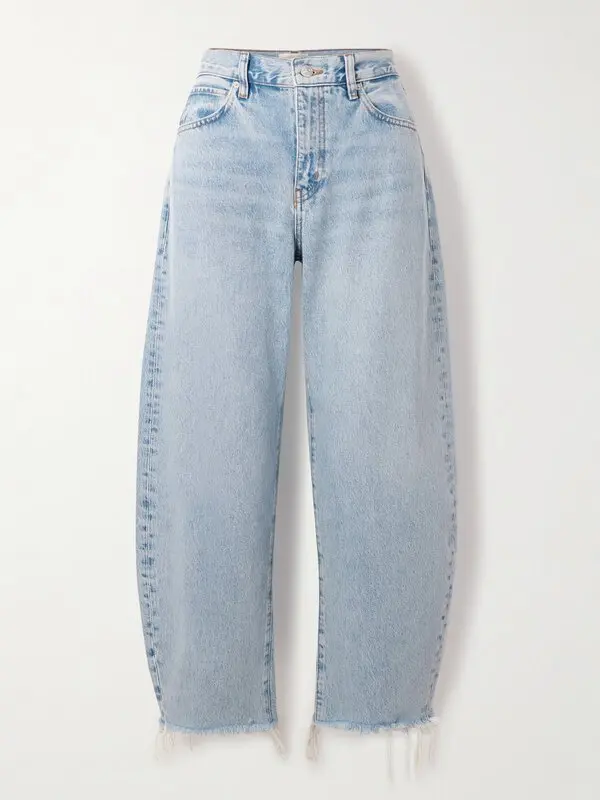 FRAME The Bubble Crop Frayed High-rise Barrel-leg Jeans - Blue
