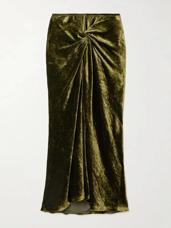 Dries Van Noten Ruched Velvet Midi Skirt - Green