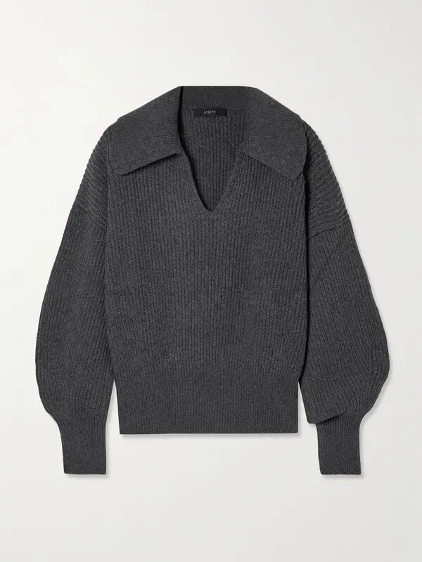 JOSEPH Ribbed Wool, Silk And Cashmere-blend Polo Sweater - Gray