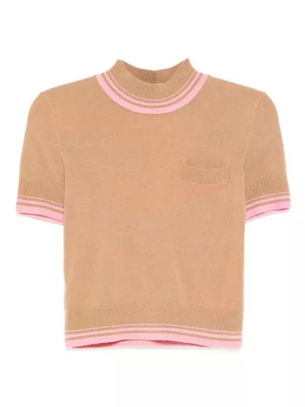 SELF-PORTRAIT Contrast Stripe Knit Top - Brown