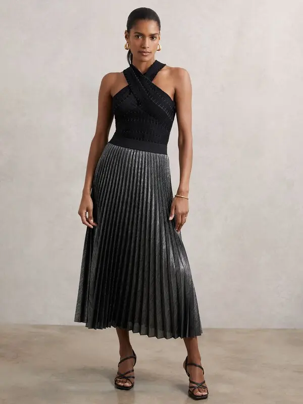 REISS Taylor Metallic Pleated Midi Skirt