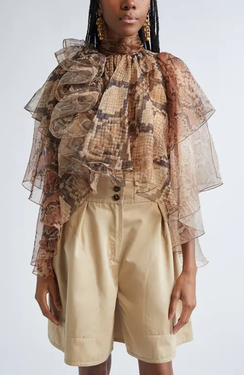 Zimmermann Memento Snakeskin Print Layered Chiffon Top - Spliced Snake