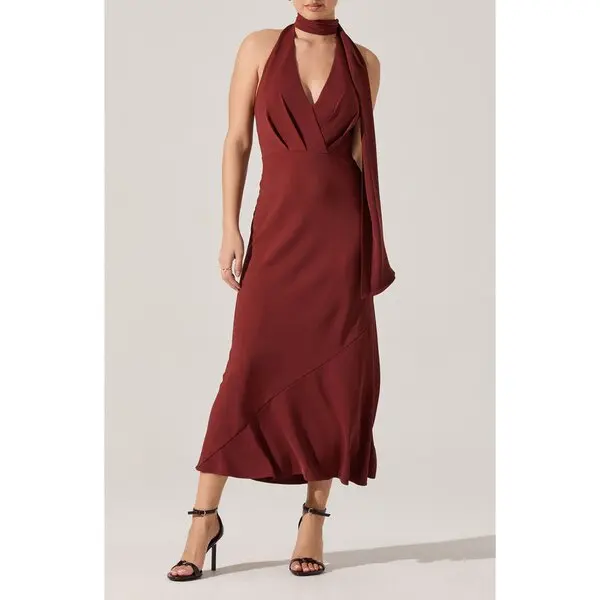 Astr The Label Hilaire Halter Neck Dress - Rust Brown