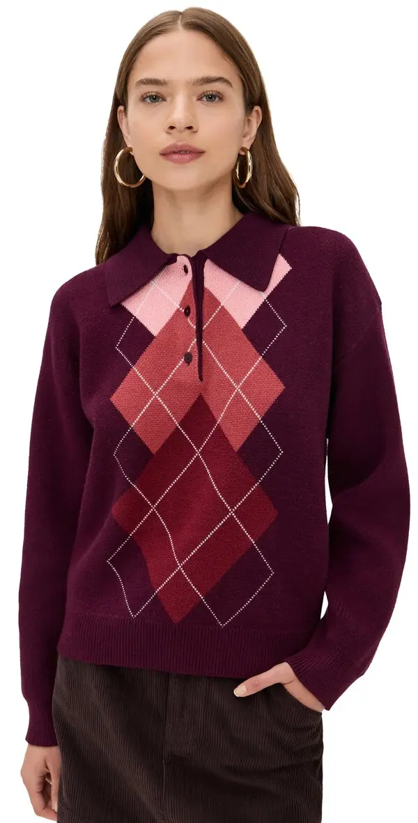 English Factory Argyle Knit Polo Sweater - Burgundy Multi
