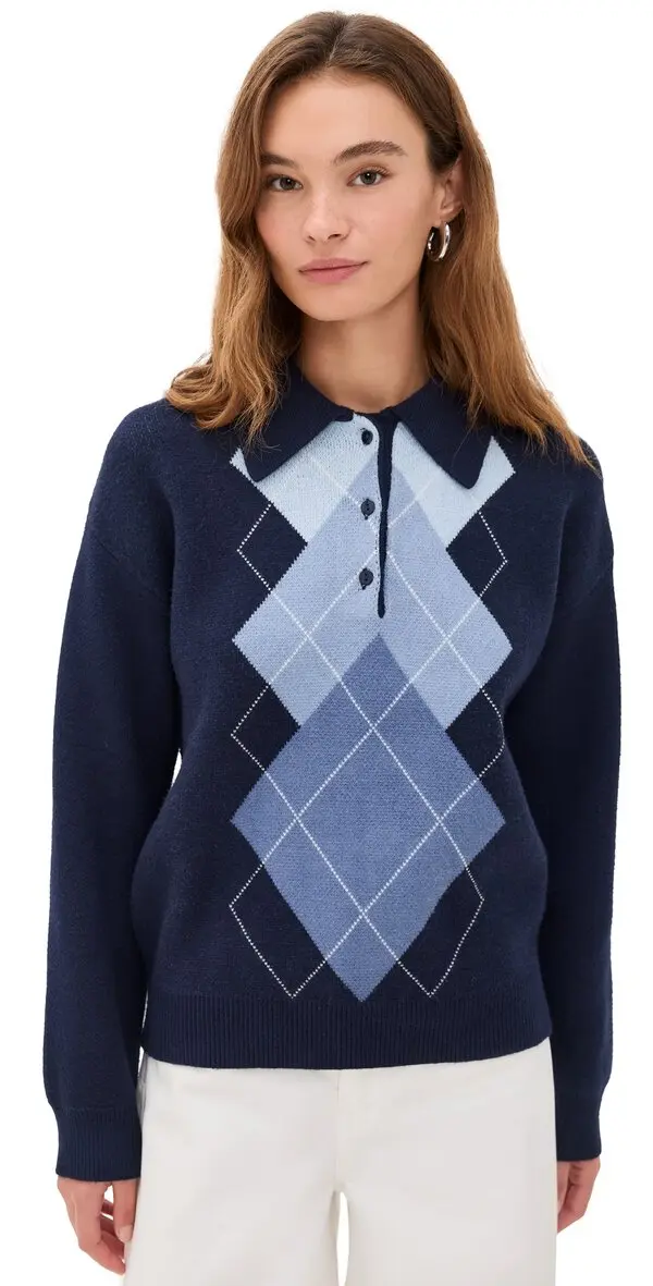 English Factory Argyle Knit Polo Sweater - Navy Multi