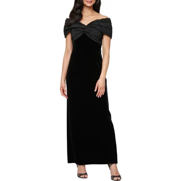 Alex Evenings Taffeta & Velvet Off The Shoulder Gown