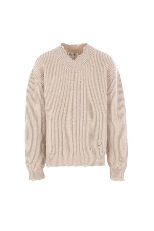MAISON MARGIELA Ribbed Wool-blend Knit Sweater With Distressed Details - Beige