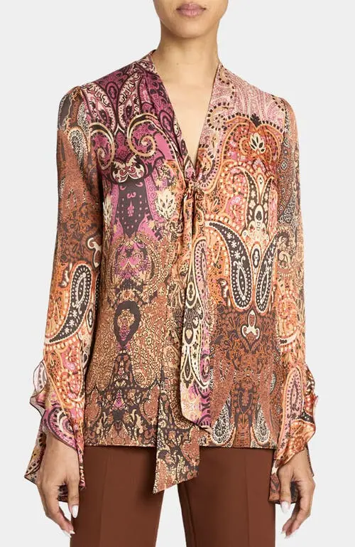Santorelli Sienna Long Sleeve Printed Charmeuse Blouse - Chestnut Multi