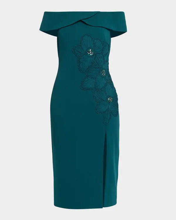 Aidan Mattox Off-shoulder Applique Crepe Midi Dress