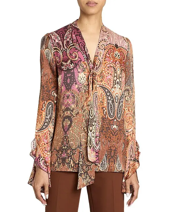 Santorelli Sienna Long Sleeve Blouse With Tie Neck - Chestnut Multi